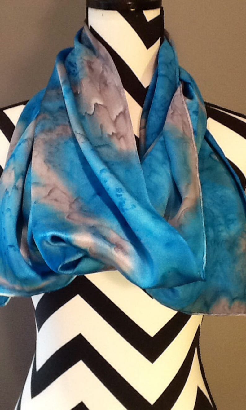 Hand Painted Charmeuse Silk Scarf. Blue and Gray Salt Effect Abstract ...