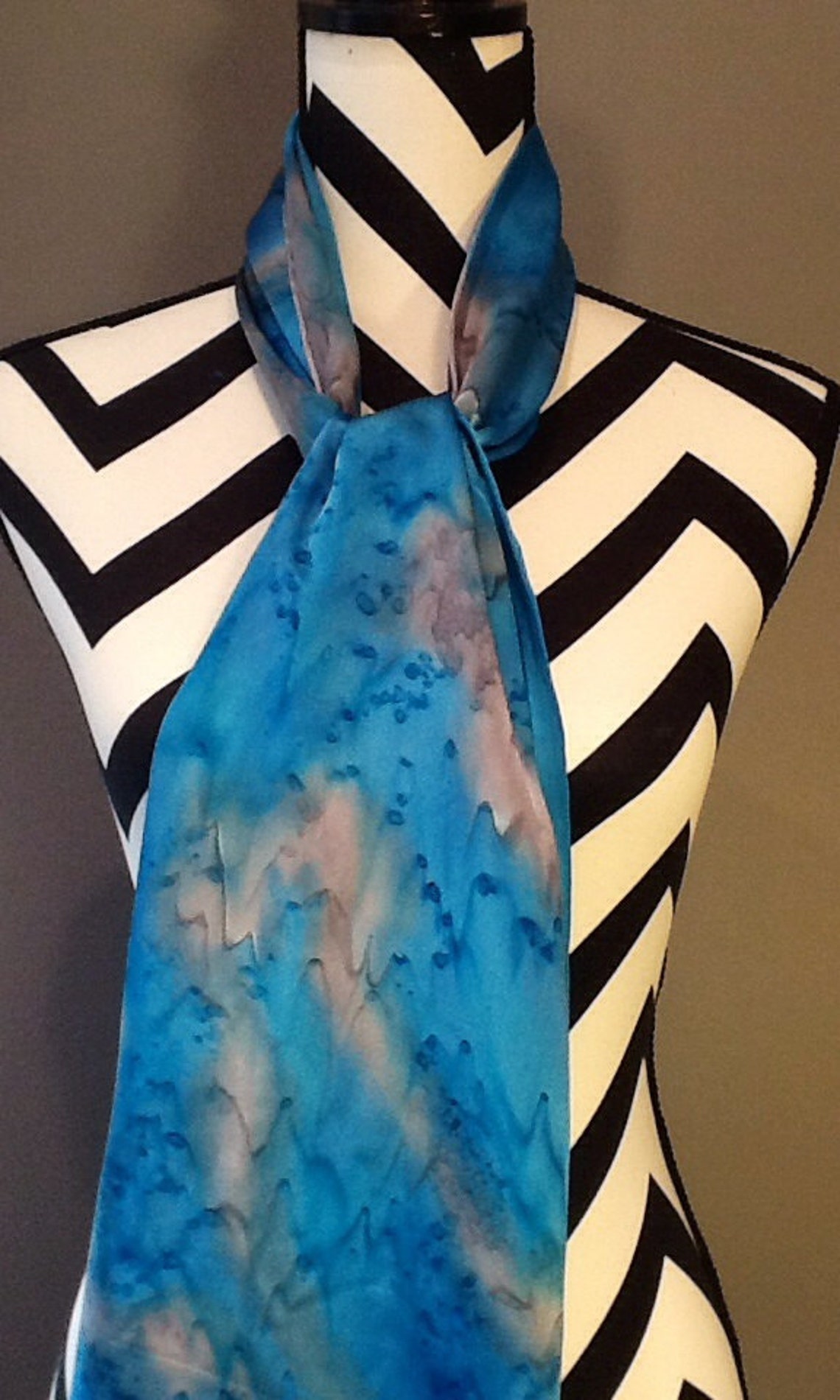 Hand Painted Charmeuse Silk Scarf. Blue and Gray Salt Effect Abstract ...