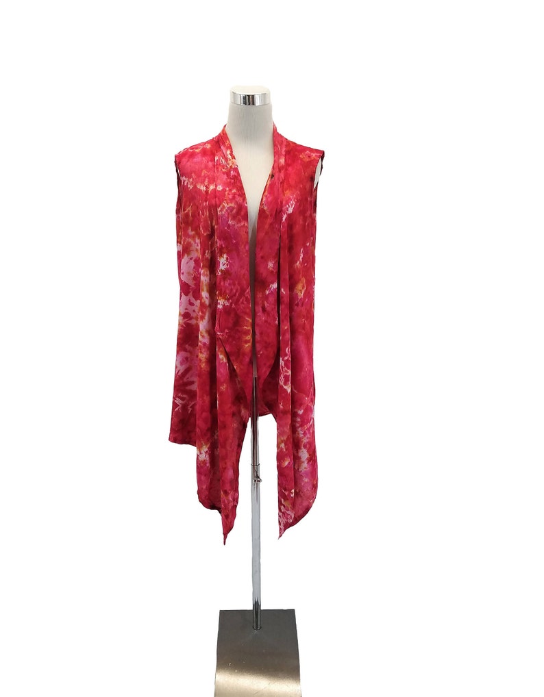 Sleeveless Waterfall Vest, Ice Dyed Red Vest, Asymmetric Rayon ...