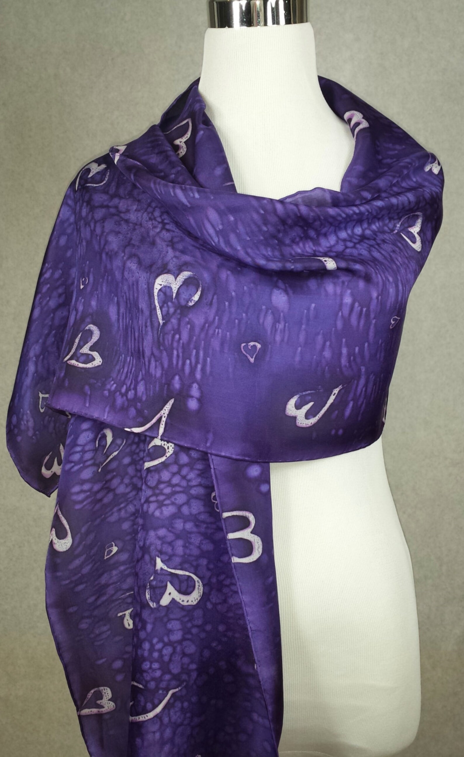 Hand Painted Habotai Silk Scarf. Deep Purple Shawl With White Valentine ...