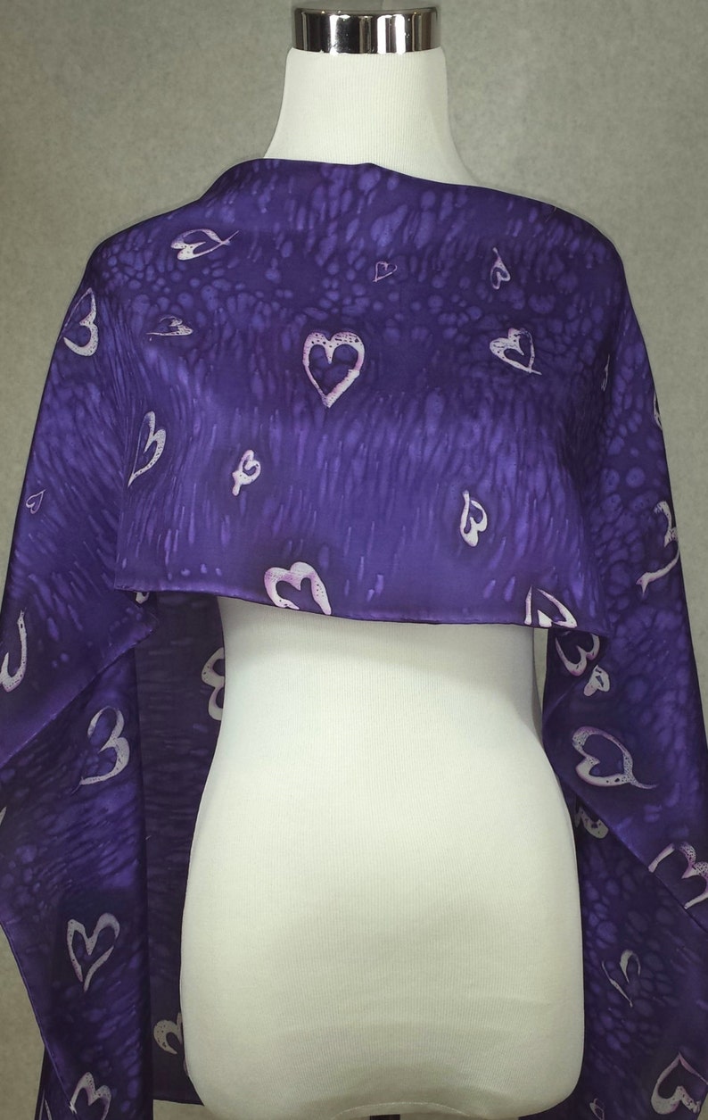 Hand Painted Habotai Silk Scarf. Deep Purple Shawl With White Valentine ...