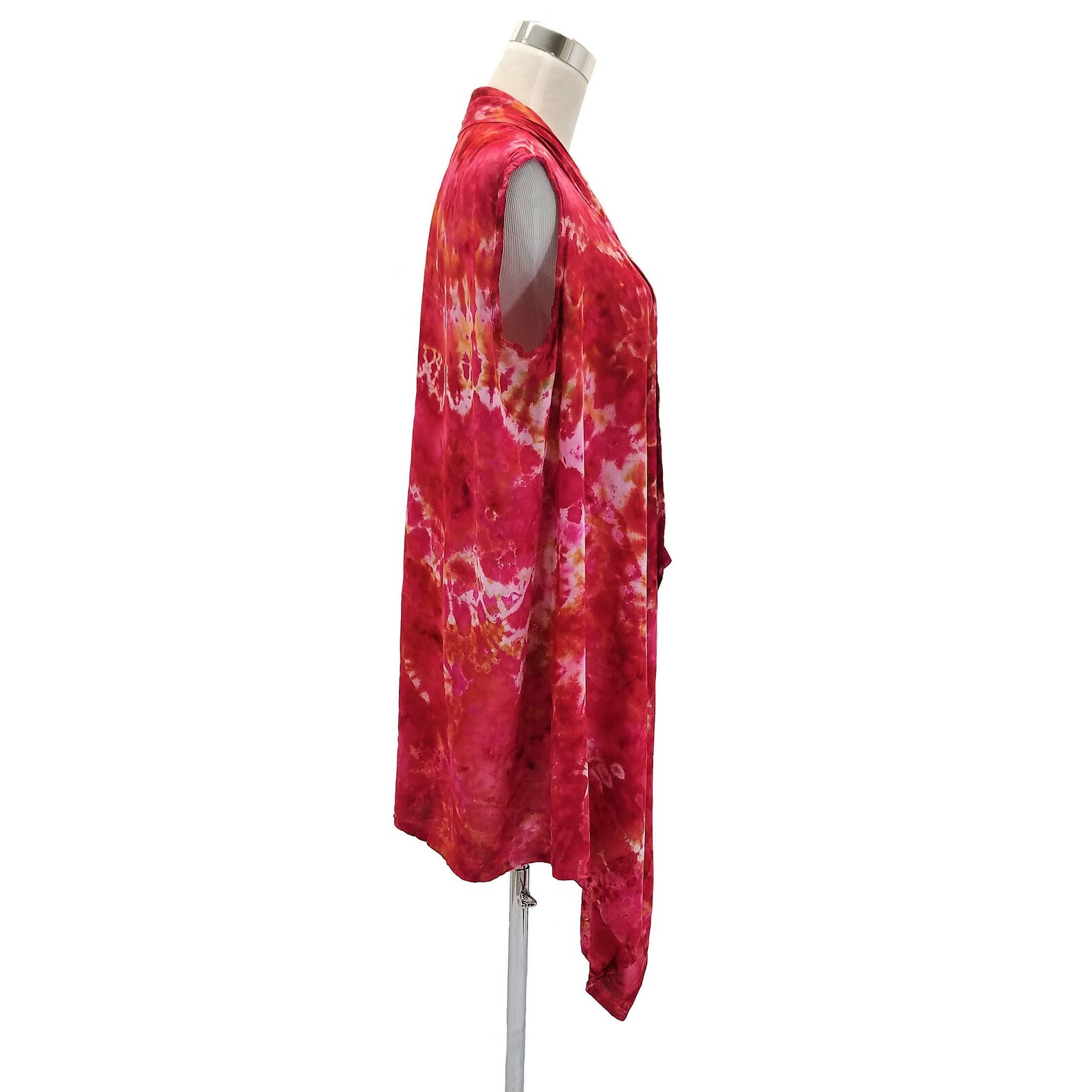 Sleeveless Waterfall Vest, Ice Dyed Red Vest, Asymmetric Rayon ...