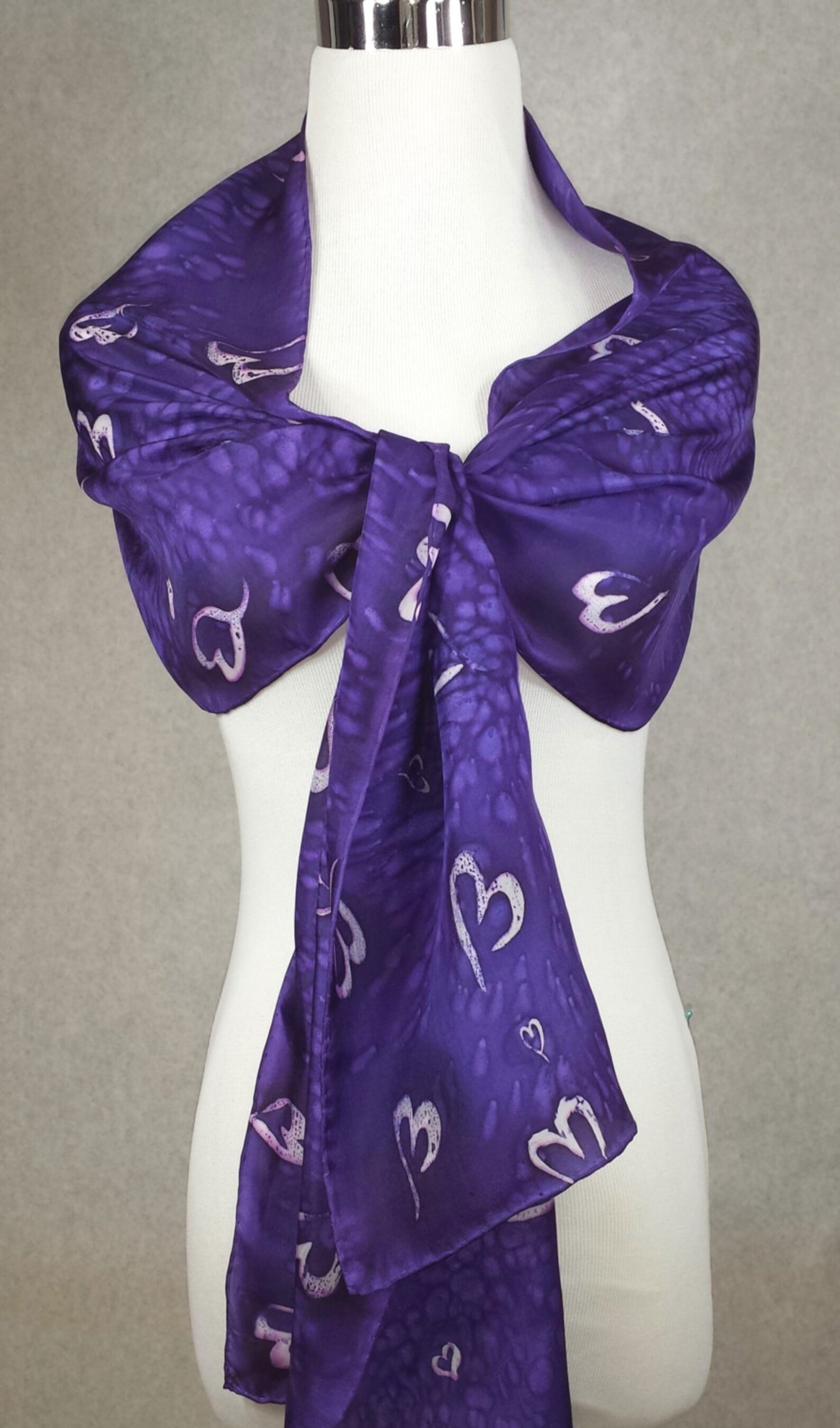 Hand Painted Habotai Silk Scarf. Deep Purple Shawl With White Valentine ...