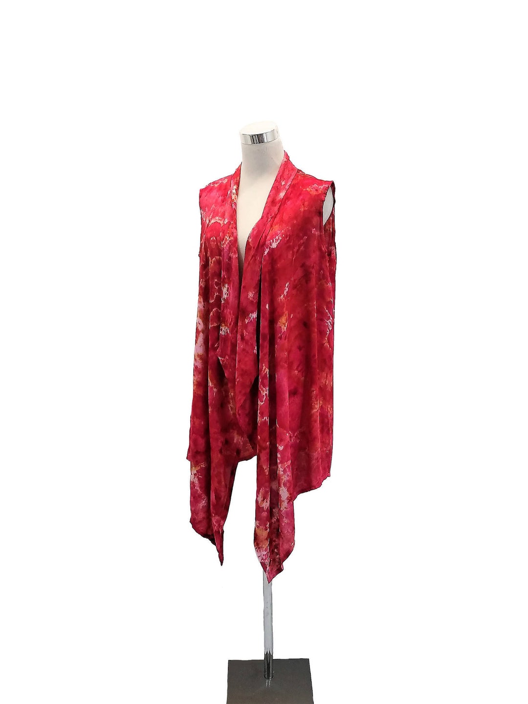 Sleeveless Waterfall Vest, Ice Dyed Red Vest, Asymmetric Rayon ...