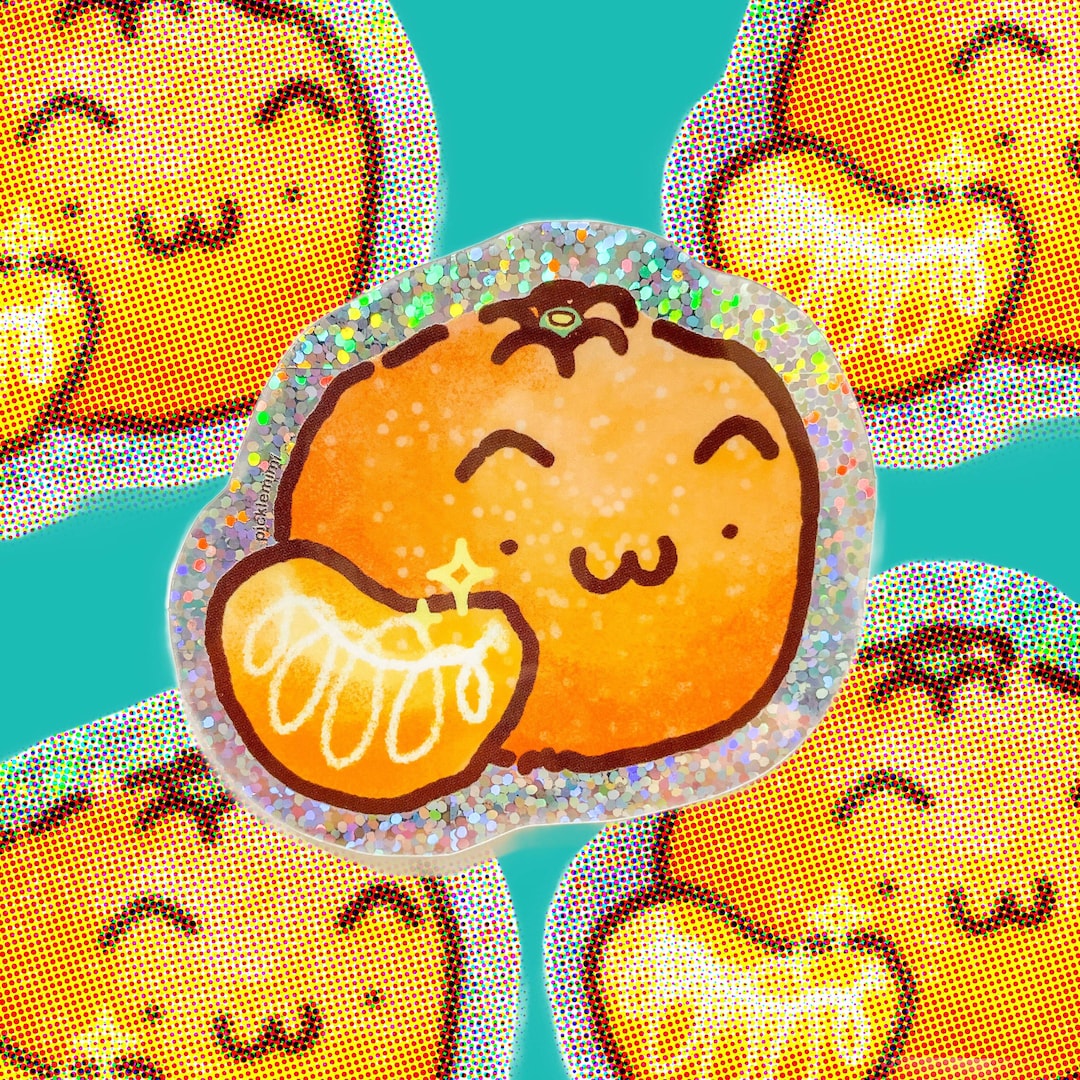Cute Mandarin Orange Vinyl Sticker, Kawaii Fruit Glitter Sticket, Asian ...