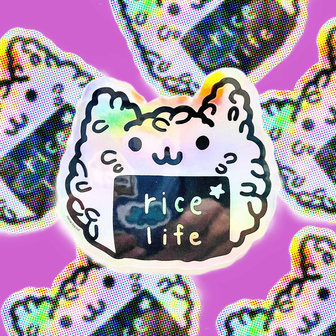 Onigiri Riceball Cat Holographic Sticker, Asian Food, Japanese Cuisine, Waterproof Sticker for ...