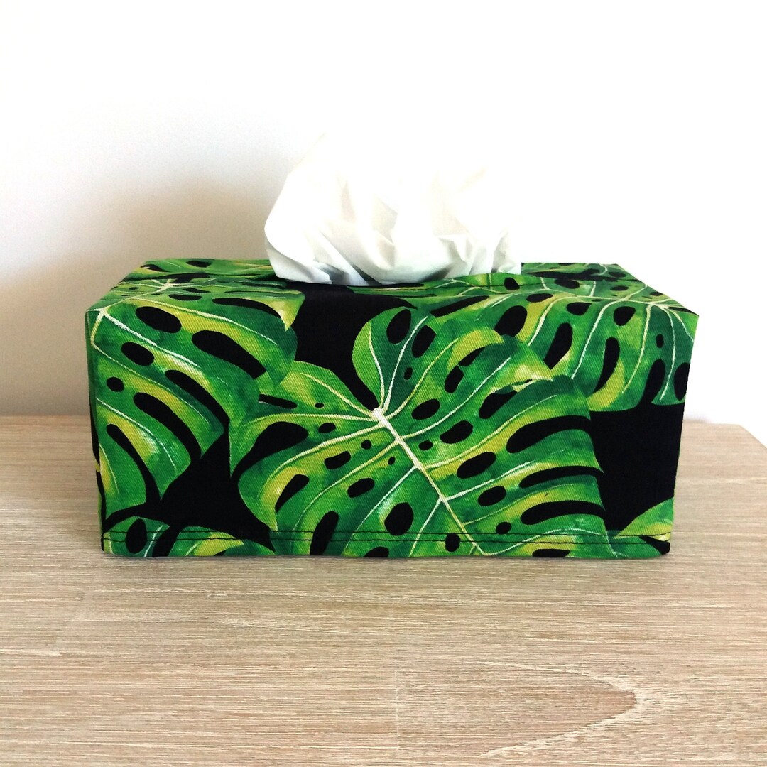 Fabric Tissue Box Cover With Monstera Leaf on Black, Housewarming Gift ...