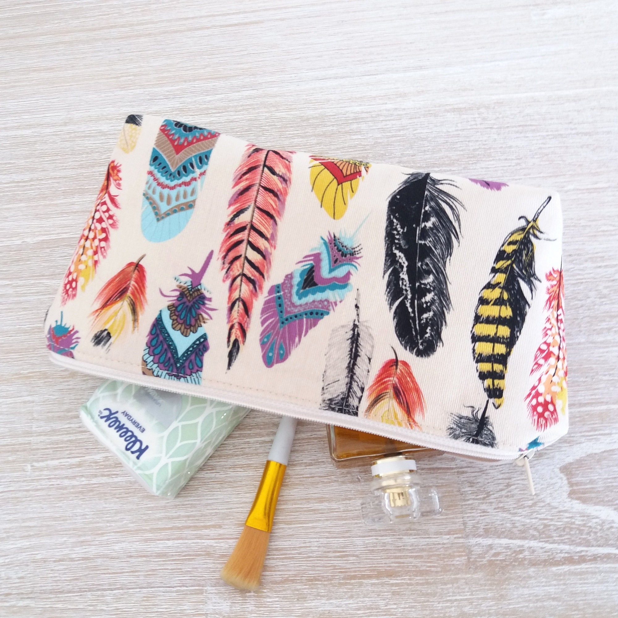 Boho pouch Long makeup bag Tribal feather pencil case | Etsy