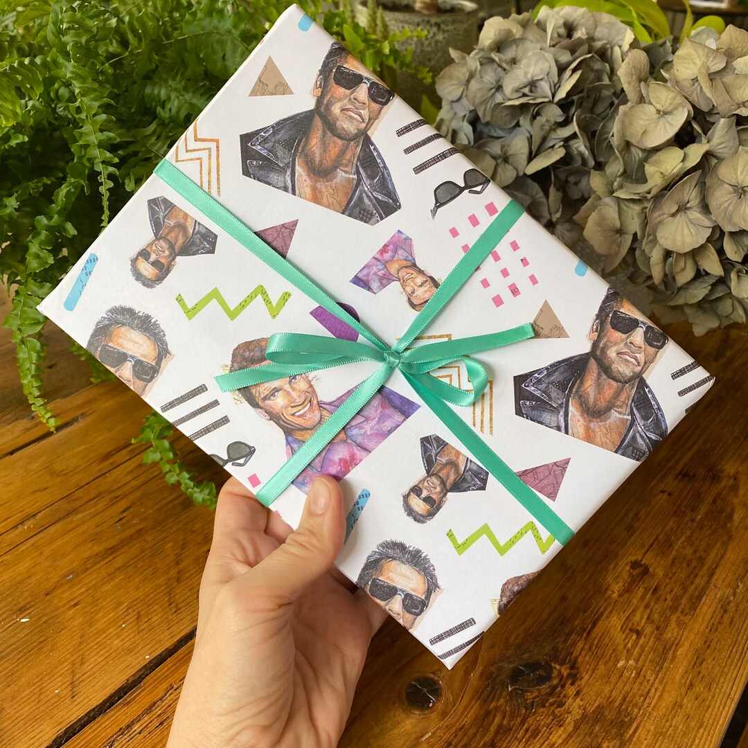 1980's Arnie Wrapping Paper, Arnold Schwarzenegger Movie Gift Wrap, Fun ...