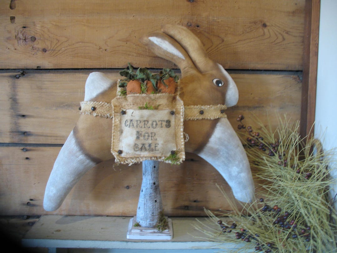 Large Mantel Primitive Spring Jumping Rabbit on Bobbin With Carrot Bag ...