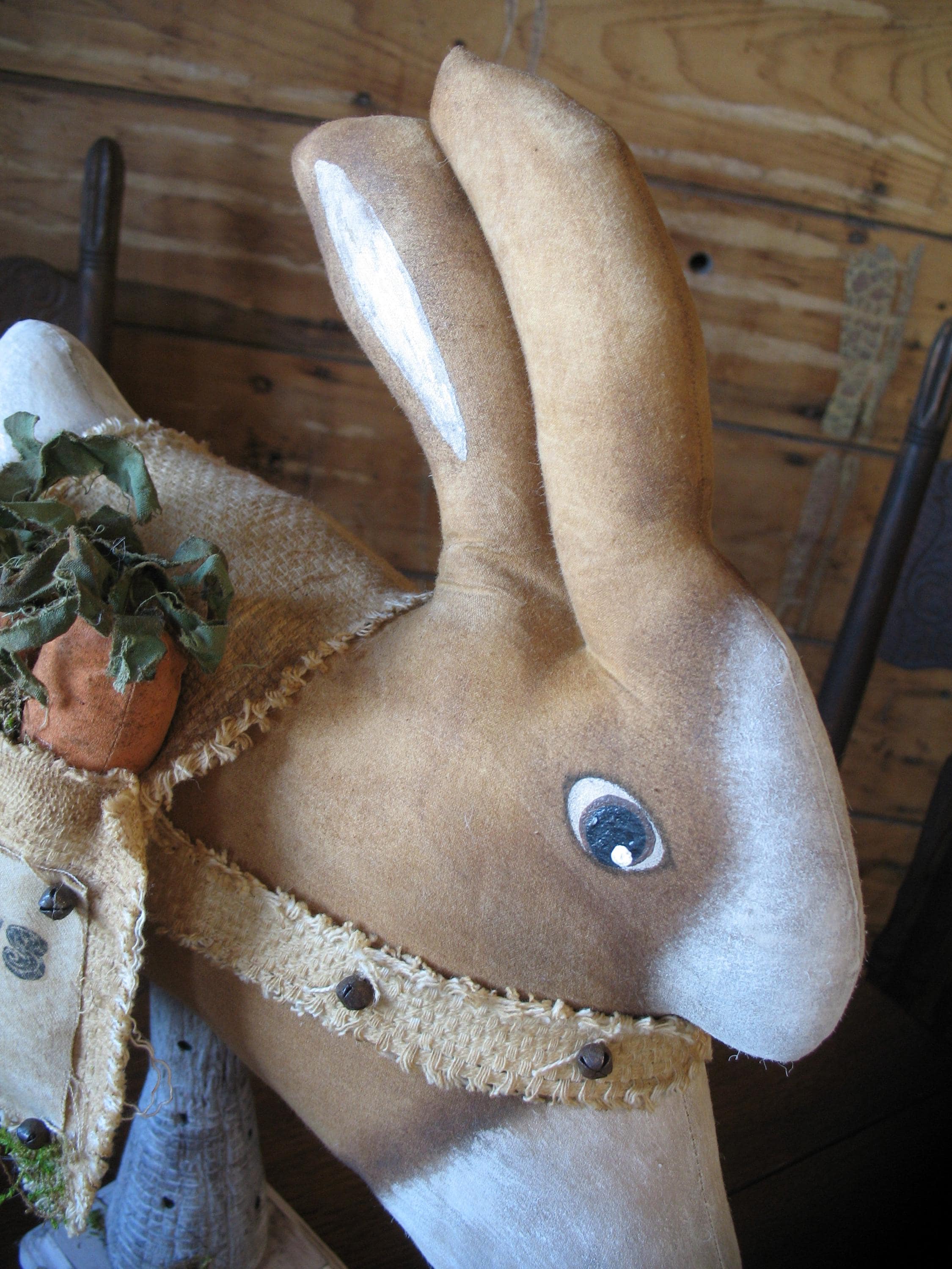 Large Mantel Primitive Spring Jumping Rabbit on Bobbin With Carrot Bag ...