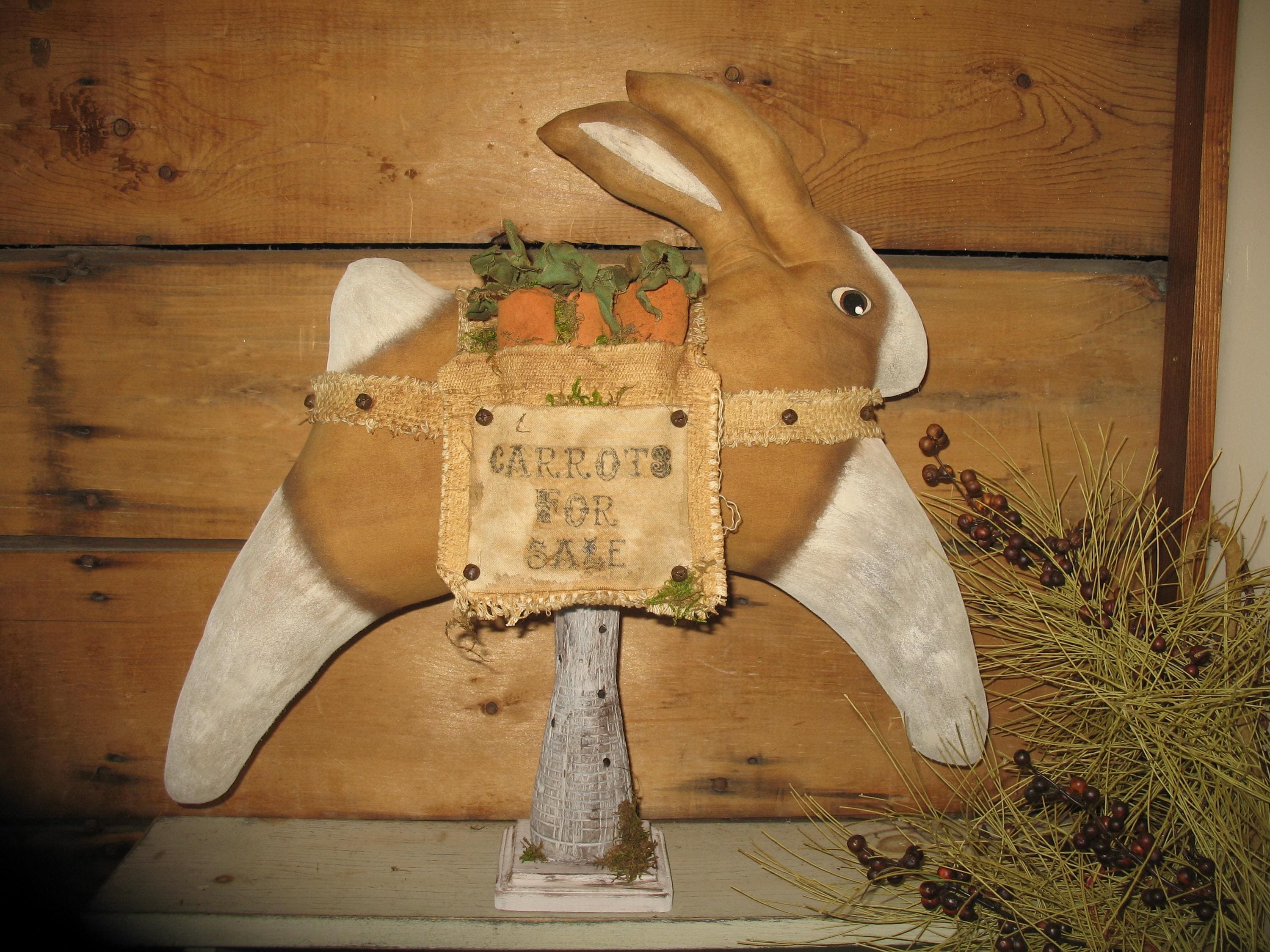 Large Mantel Primitive Spring Jumping Rabbit on Bobbin With Carrot Bag ...