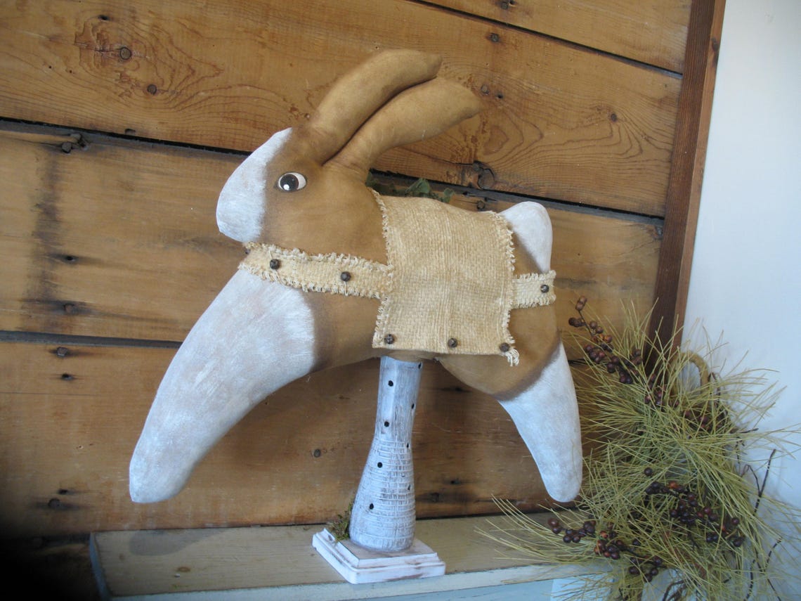 Large Mantel Primitive Spring Jumping Rabbit on Bobbin With Carrot Bag ...