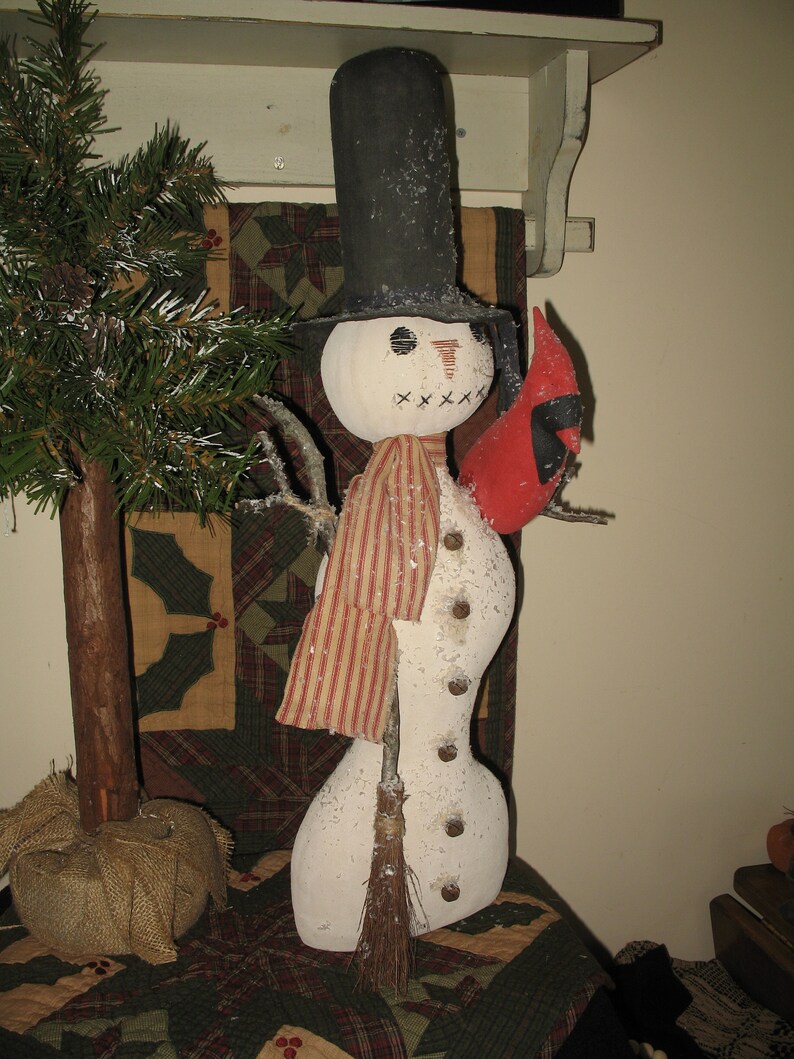 Large Winter Primitive Style Standing Snowman W/ Cardinal & - Etsy