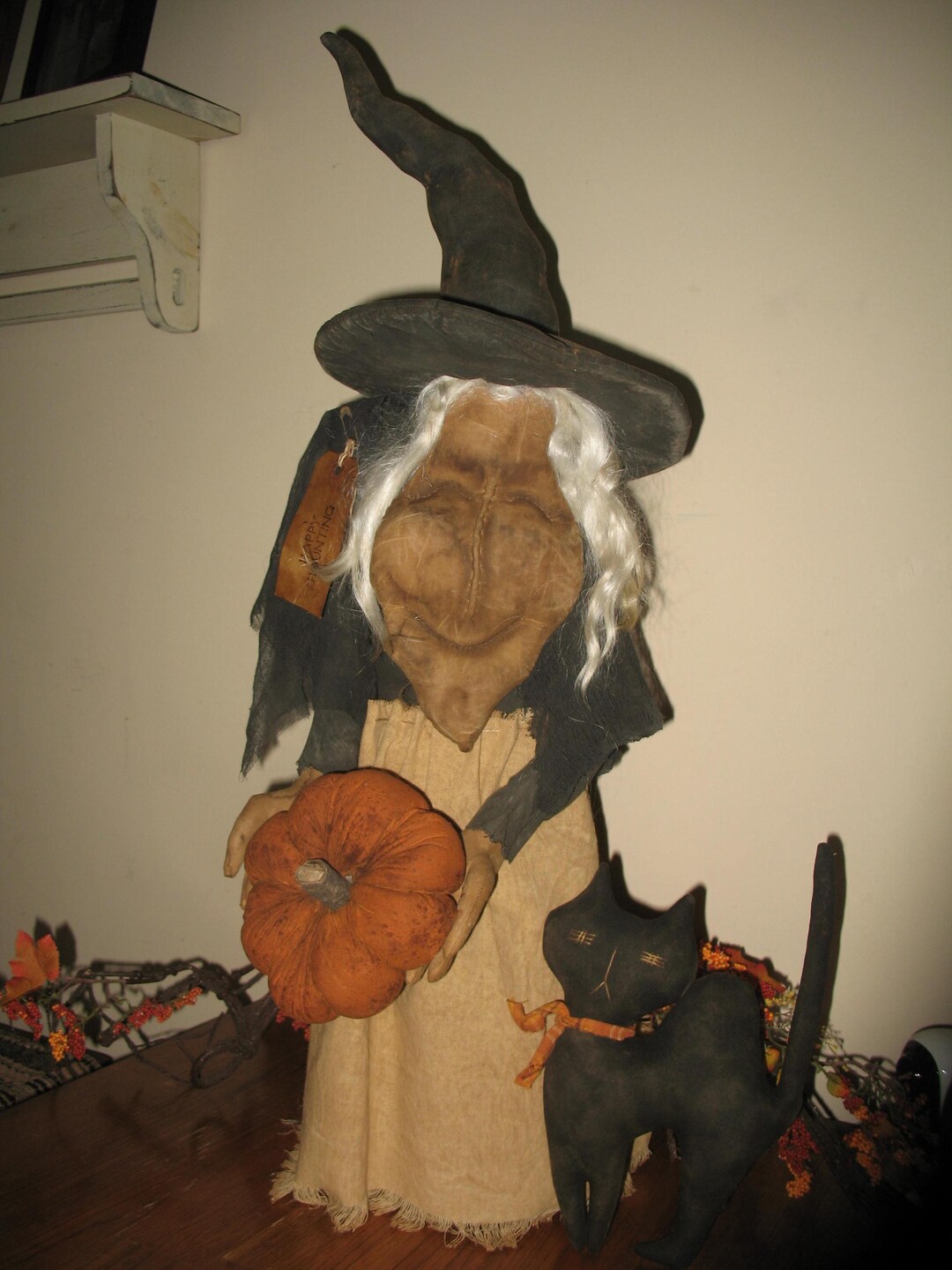 Primitive Halloween Old Crone Witch W/cat and Pumpkin - Etsy