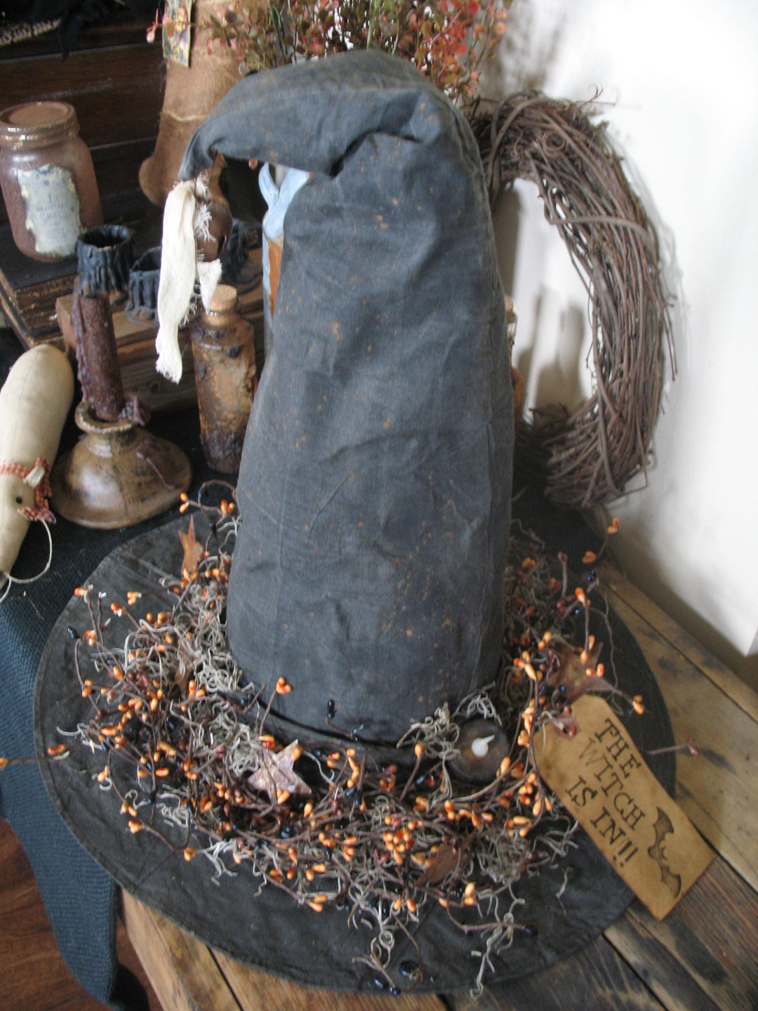 Primitive Halloween Extra Large Witch Hat W/pips and Timer Tea Light - Etsy