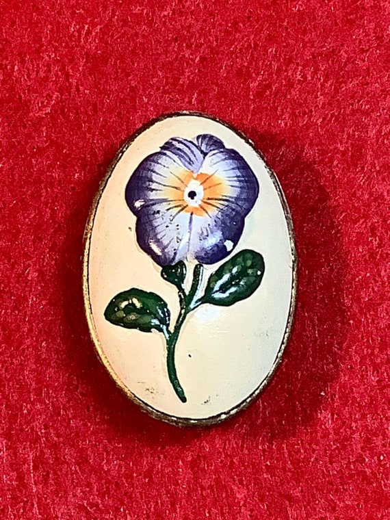 Antique Hand Painted Pansy Gilded Wooden Flower Brooch - Gem