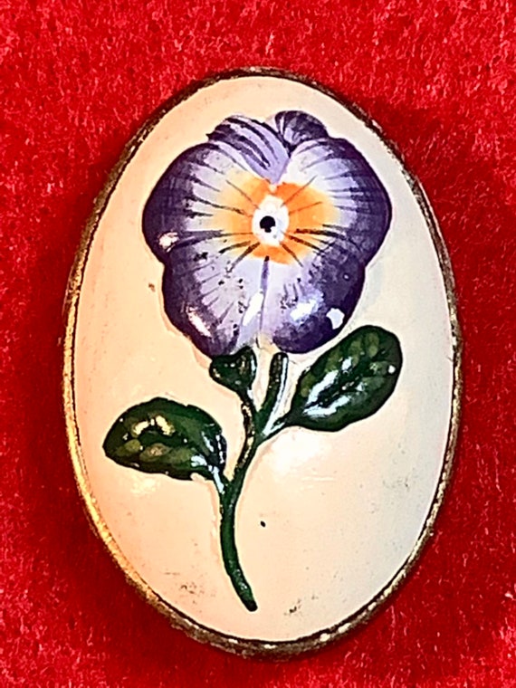 Antique Hand Painted Pansy Gilded Wooden Flower Brooch - Gem