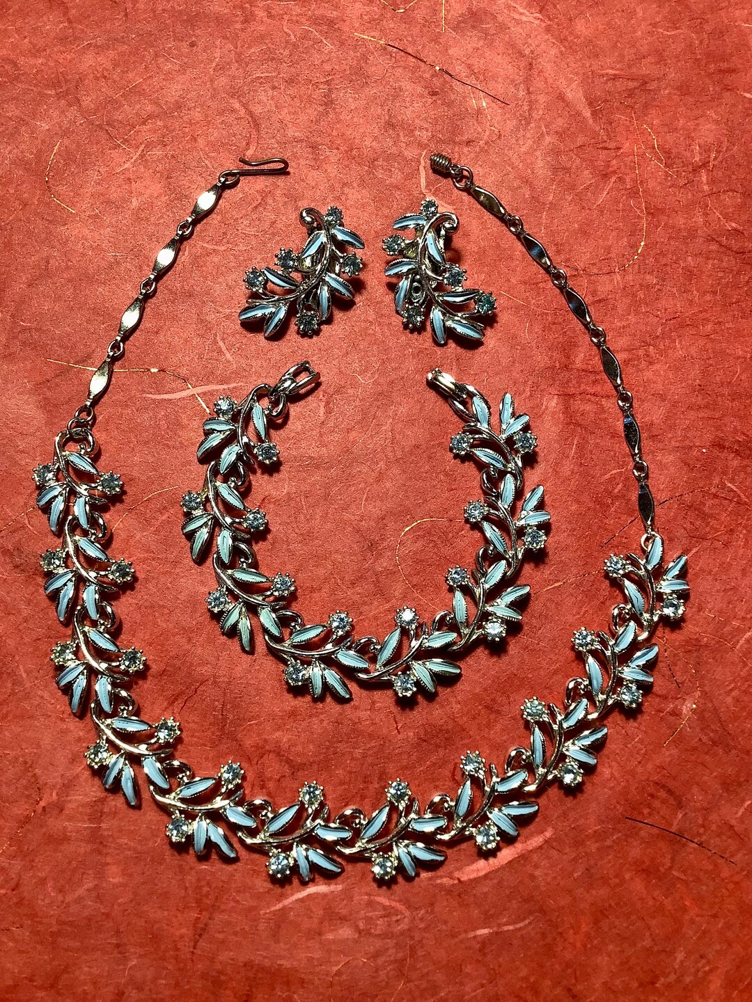 1950s Blue Rhinestone and Enamel Parure Segment Necklace, Bracelet and ...