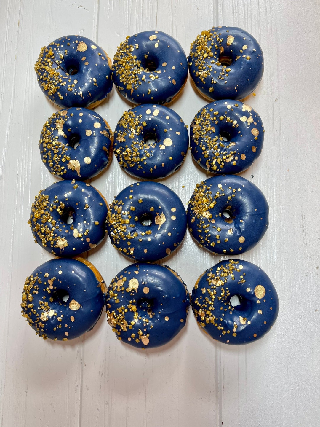 12 Gold and Navy Blue Mini Donuts Sweets Table Wedding Favors Birthday ...