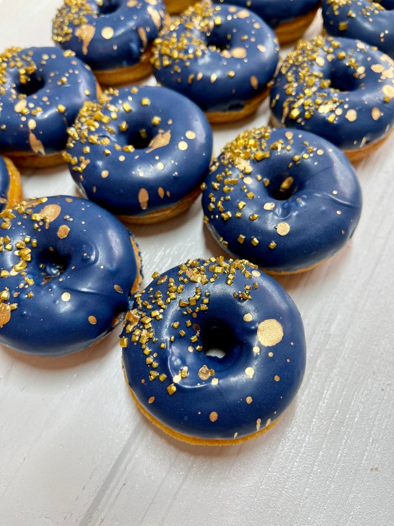 12 Gold and Navy Blue Mini Donuts Sweets Table Wedding Favors Birthday ...