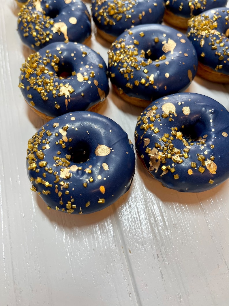 12 Gold and Navy Blue Mini Donuts Sweets Table Wedding Favors Birthday ...