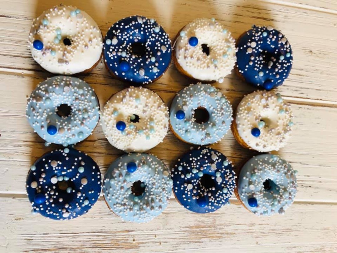 12 Blue Baby White Mini Donuts Doughnuts Wedding Baby Bridal Christmas ...
