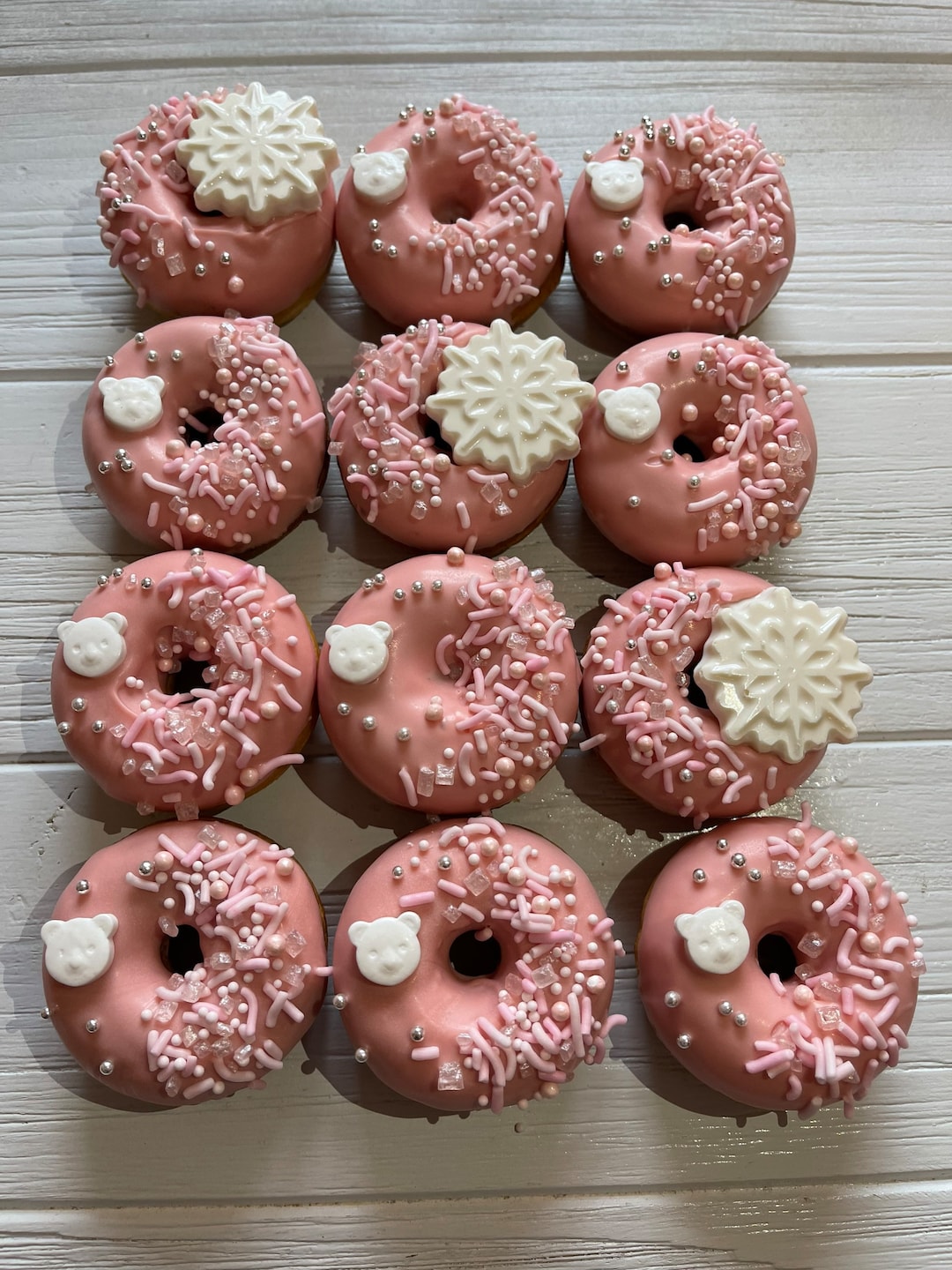 12 Pink White Polar Bear Snow Mini Donuts Doughnuts Wedding Baby Bridal ...