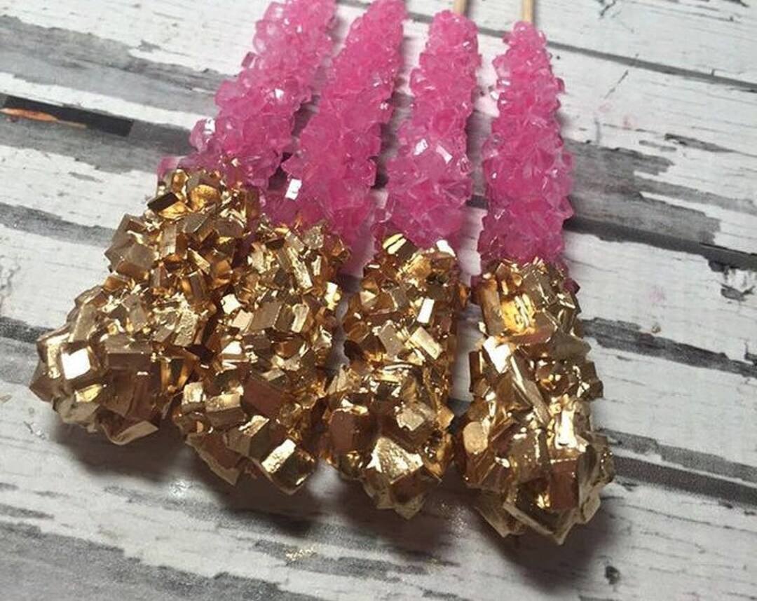 12 Bright Pink Rock Candy Sugar Sticks Gold Wedding Bridal Sweets Table ...