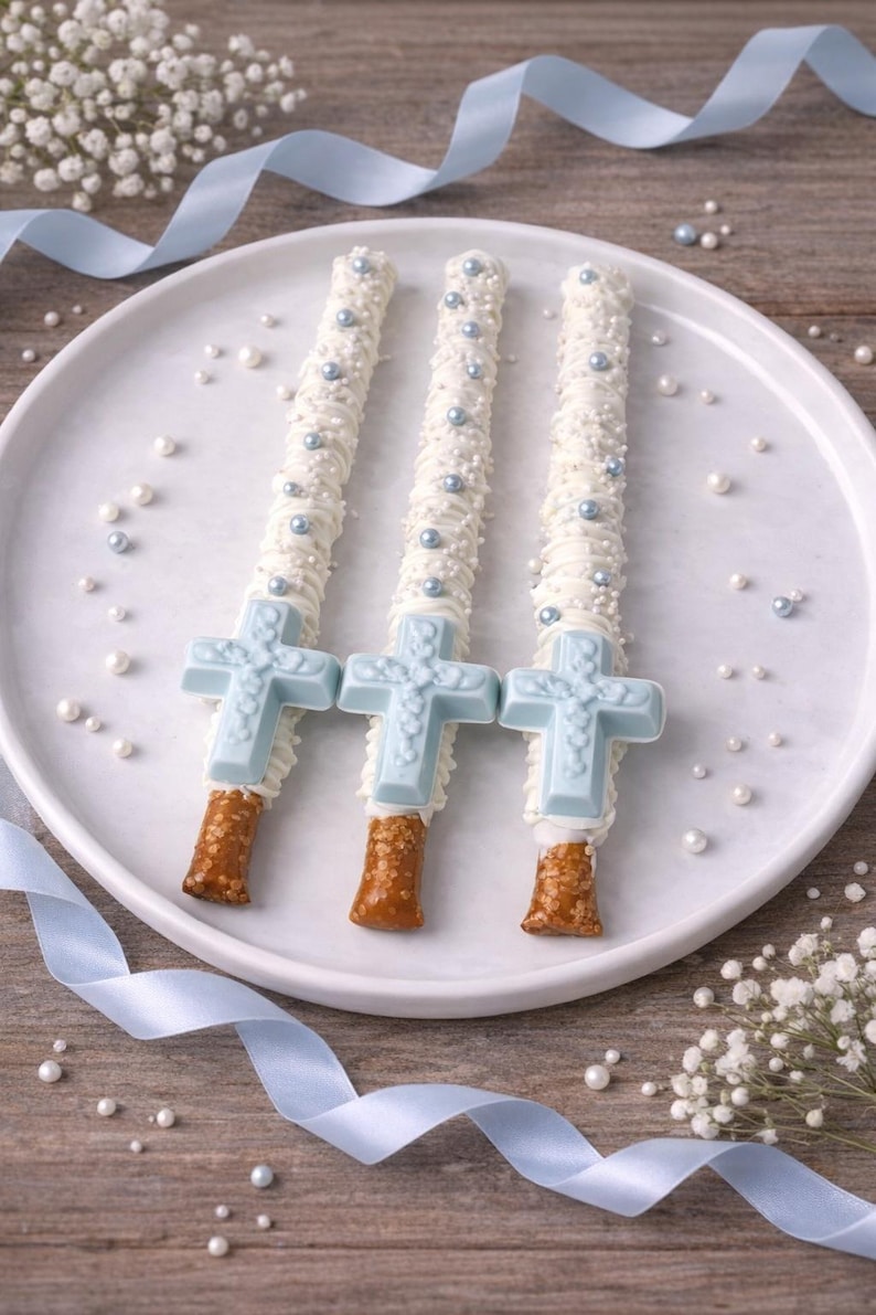 12 White Baby Blue Chocolate Cross Pretzel Rods – Baptism Communion ...