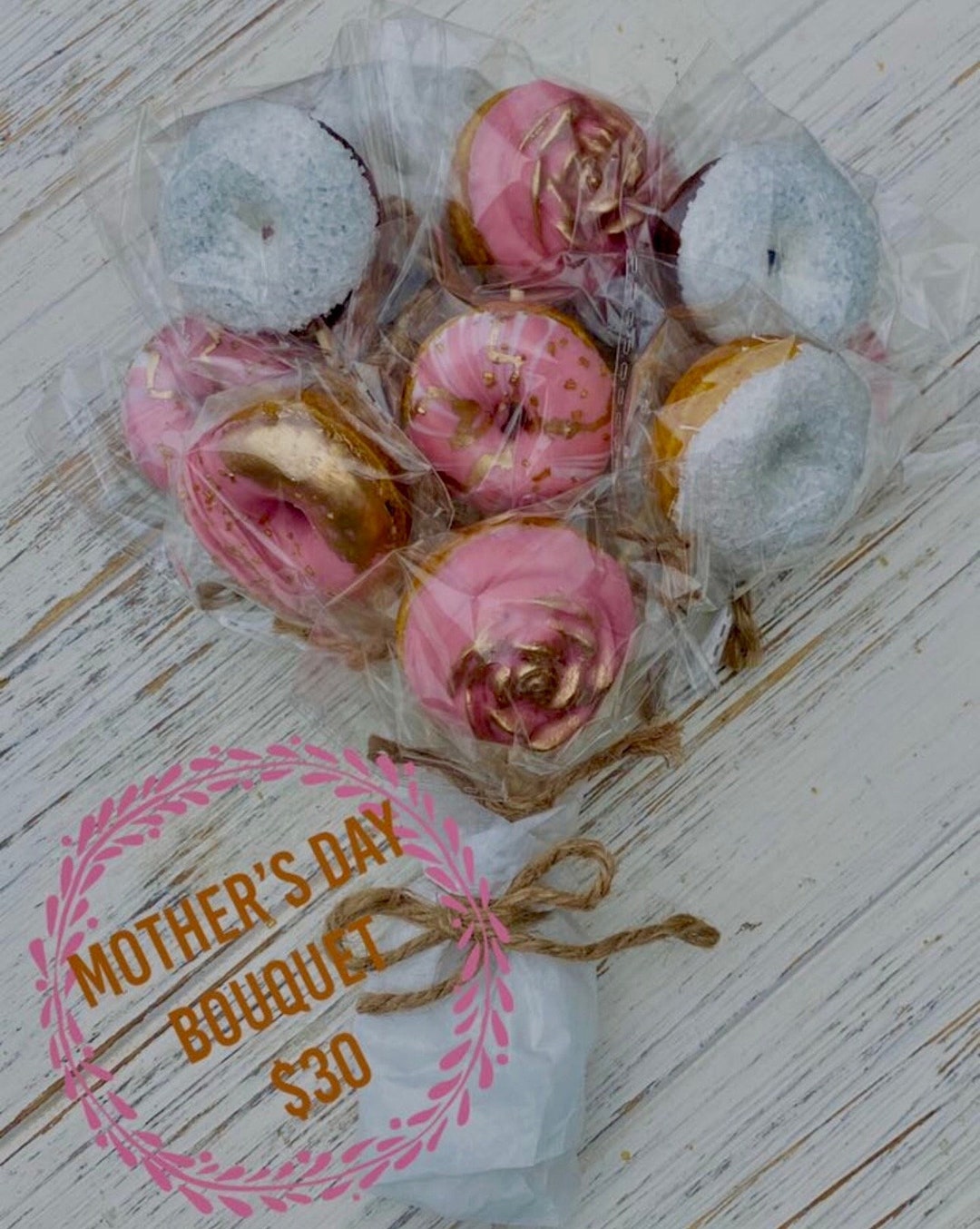 1 Dozen Mini Donuts Mother’s Day Bouquet Gift Boxed Pink Rose Custom ...