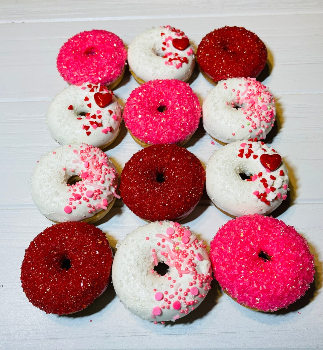 12 Red White Sugared Dipped Pink Sprinkled Valentines Day Mini Donuts ...