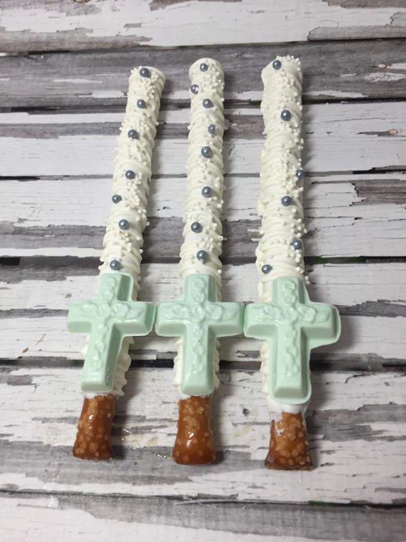 12 Cross Chocolate Covered Pretzels Communion Baptism Christening Party ...