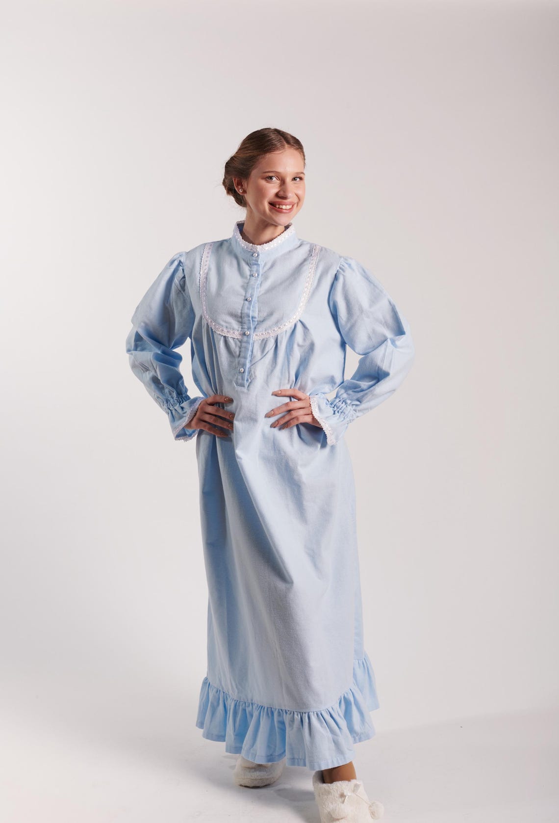 Light Blue Flannel Cotton Full Length Nightgown for Women ,nightgown ...