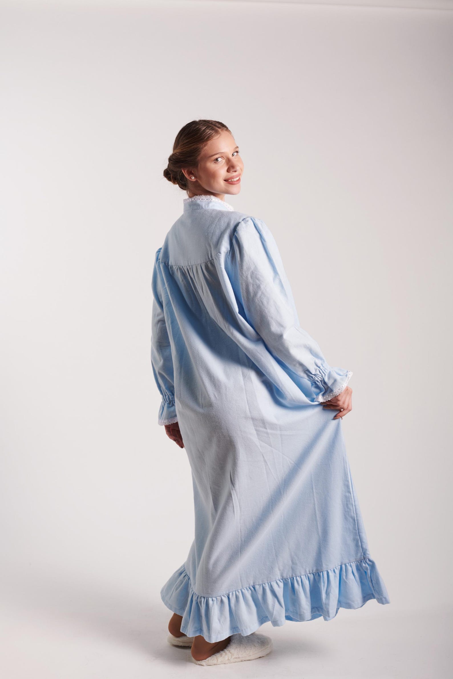 Light Blue Flannel Cotton Full Length Nightgown for Women ,nightgown ...