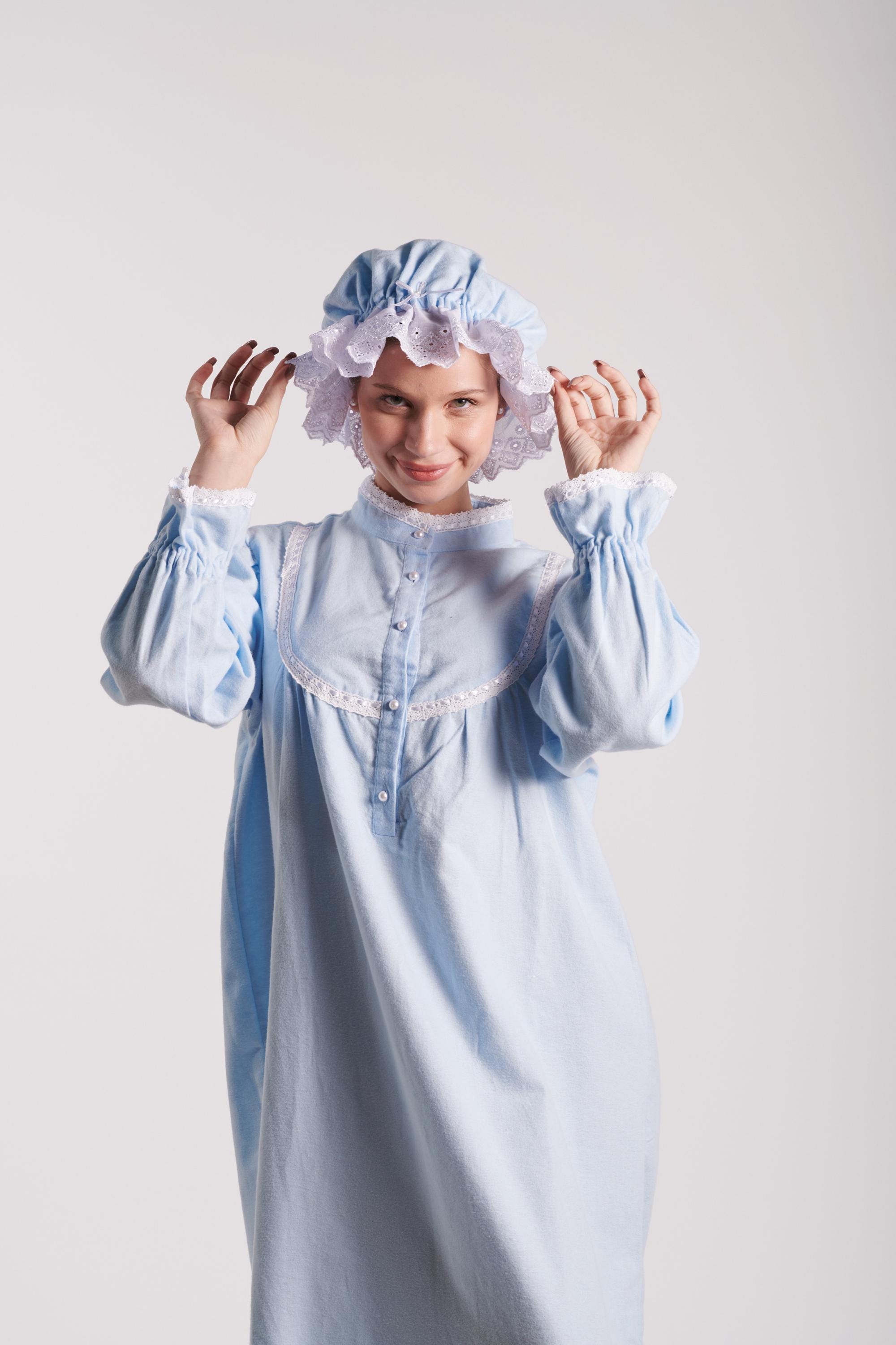 Light Blue Flannel Cotton Full Length Nightgown for Women ,nightgown ...