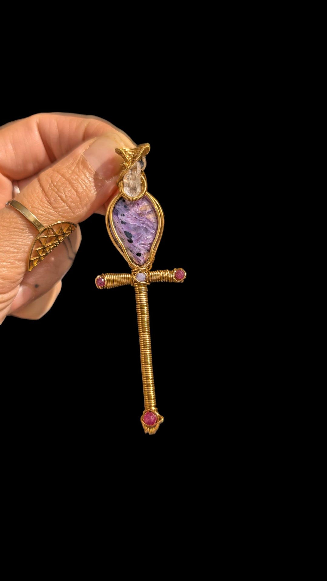 Ankh Cross Pendant Charoite, Ruby, Diamond Herkimer Egypt Gold - Etsy