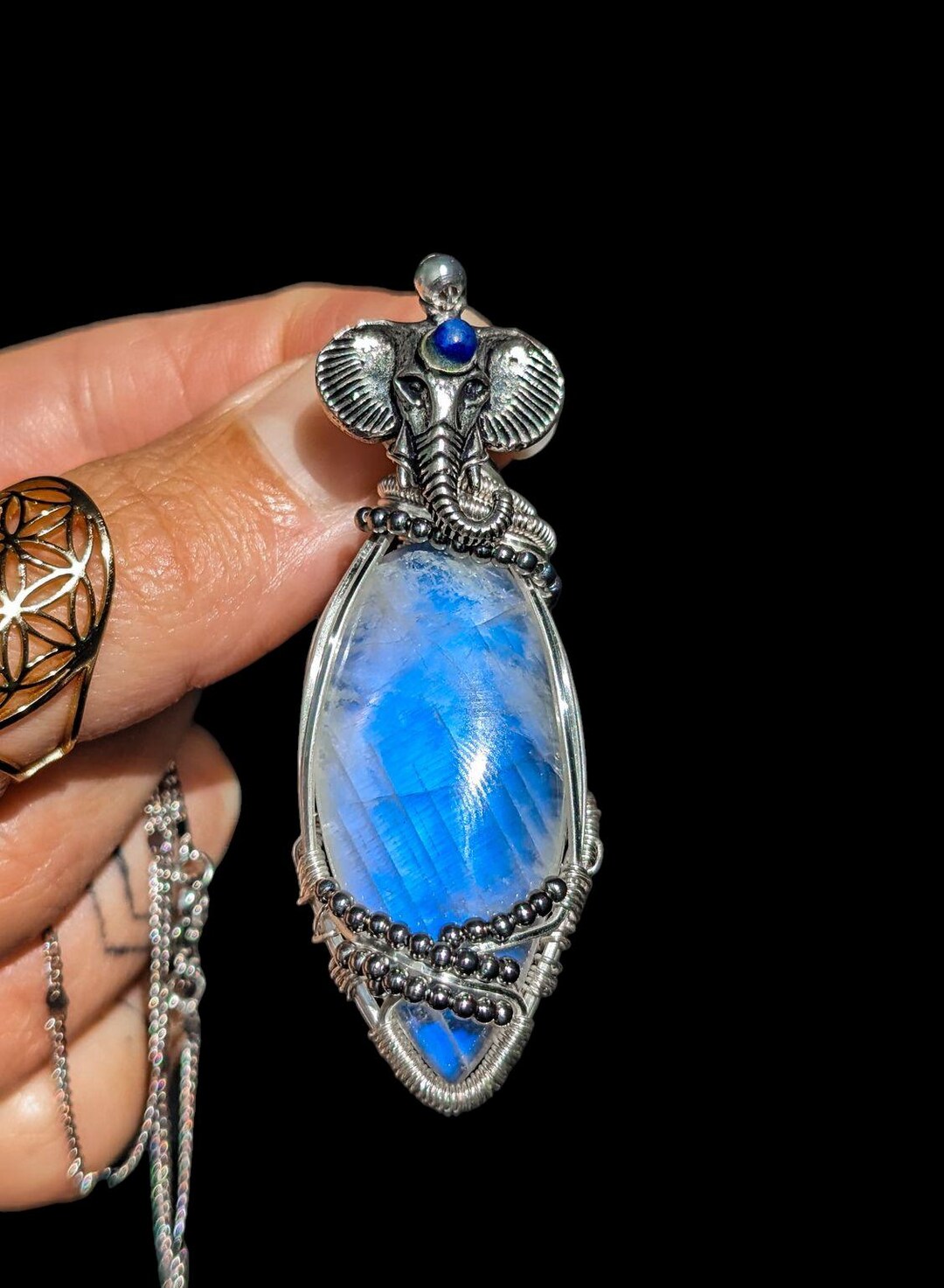 Ganesh Talisman in Blue Peristerite | Silver Wire Wrap | Protective ...