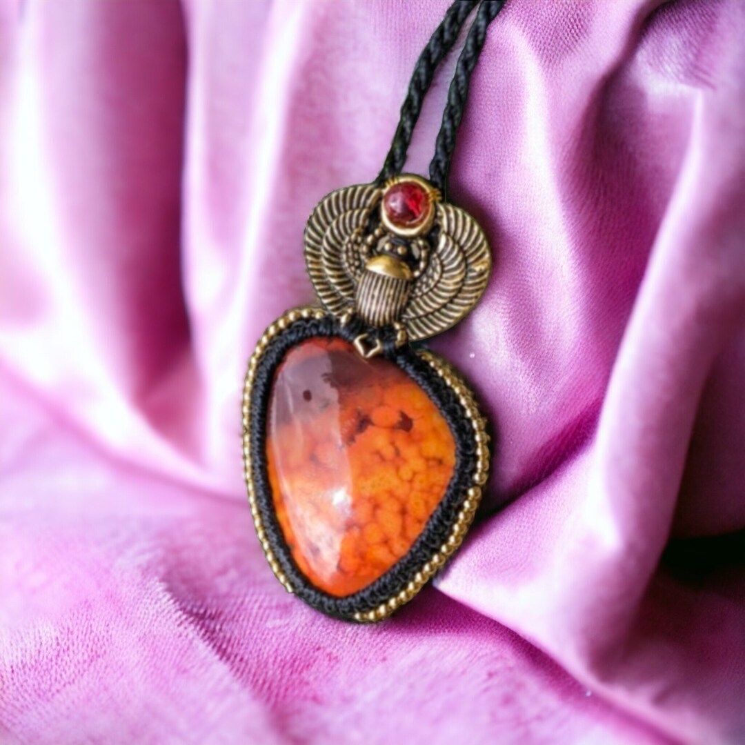 Macramé Pendant Ocean Jasper Egyptian Scarab Garnet - Etsy