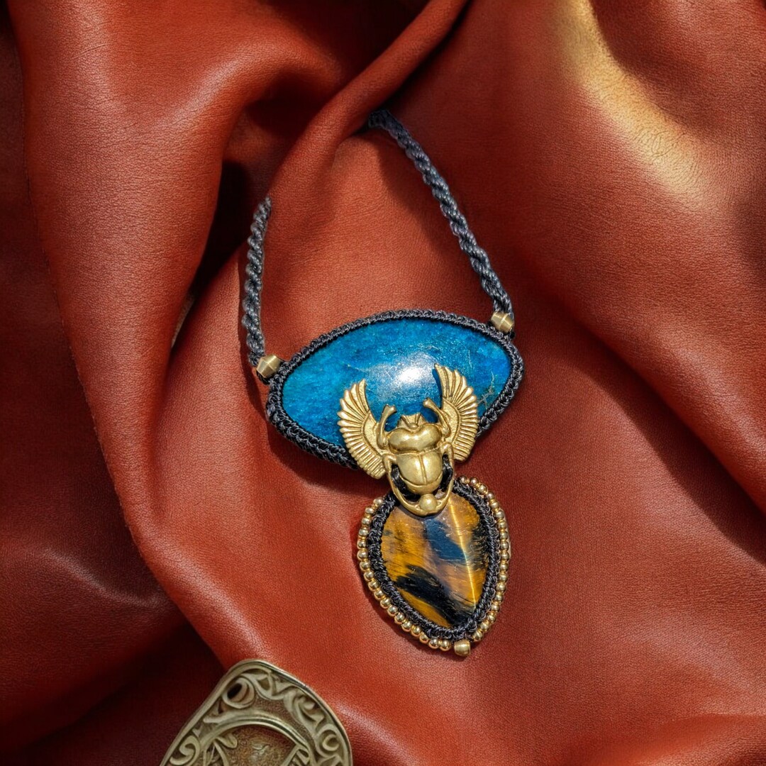 Scarab Necklace With Natural Stones, Apatite and Tiger's Eye Macrame - Etsy