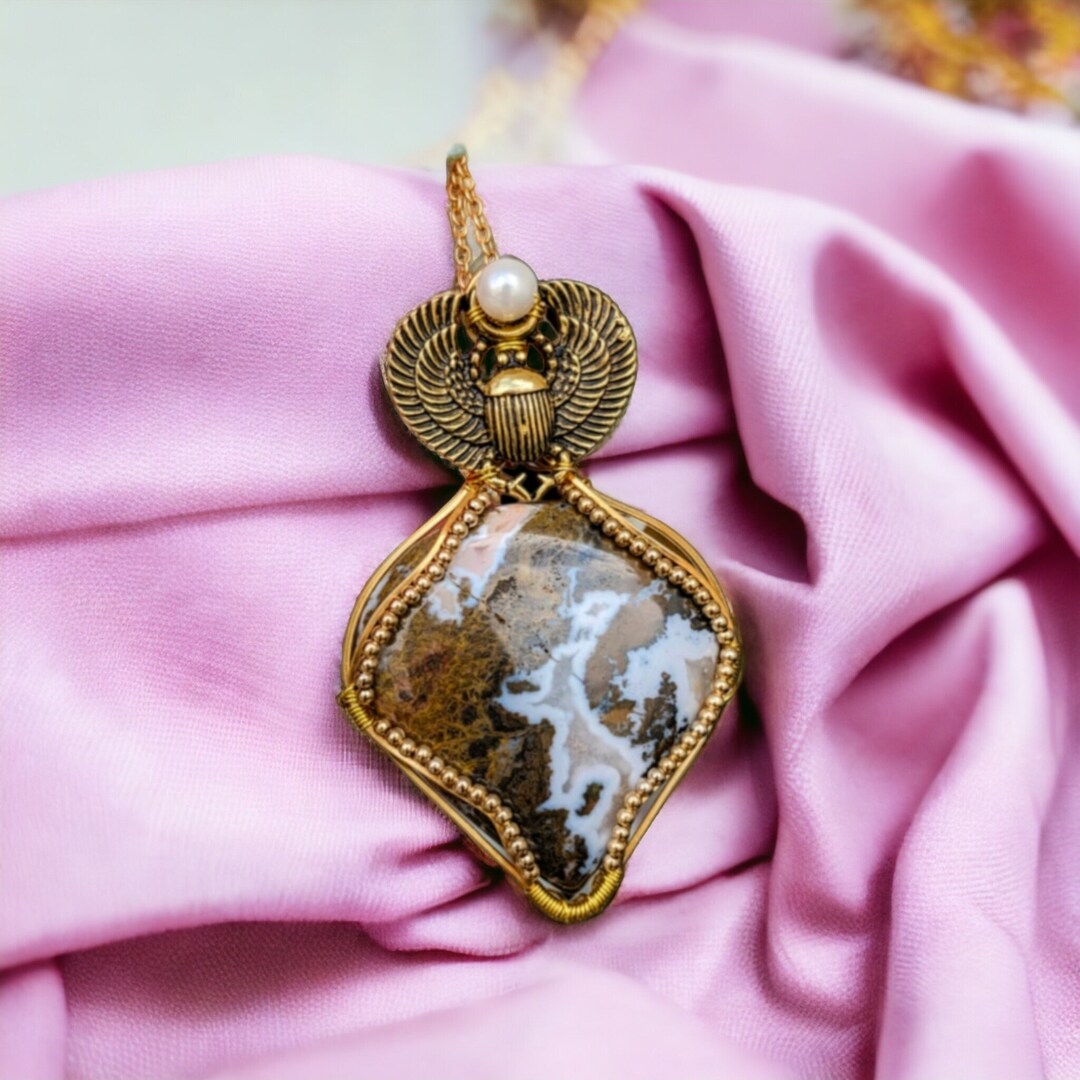 Agate Macramé Pendant Egyptian Scarab Freshwater Pearl - Etsy