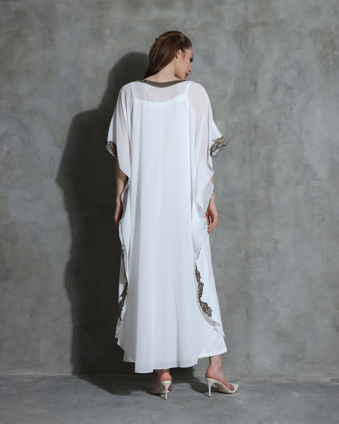 Stunning White Caftan Dress Fancy Gold Embroidery Kaftan Maxi Etsy