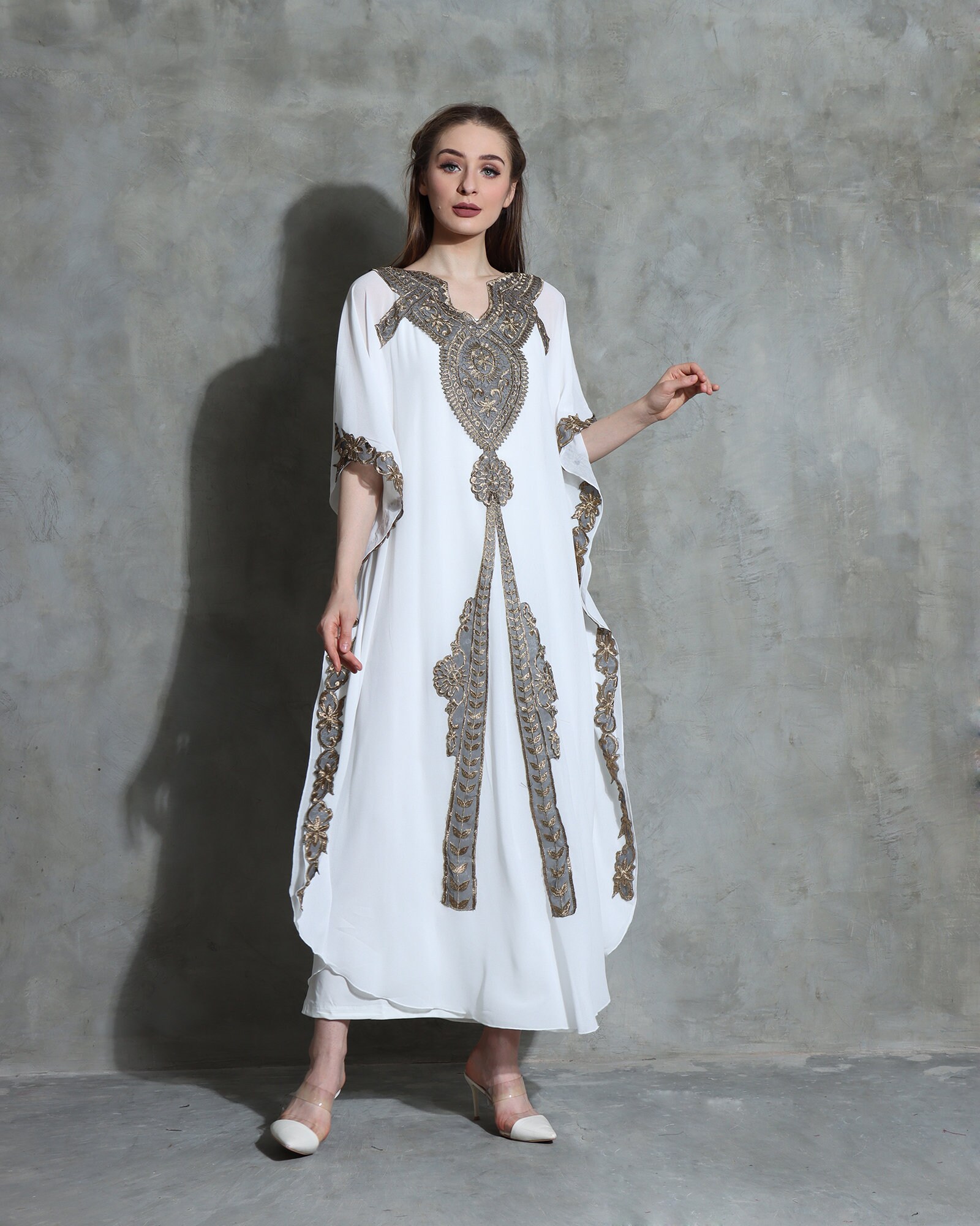 Stunning White Caftan Dress Fancy Gold Embroidery Kaftan Maxi Etsy