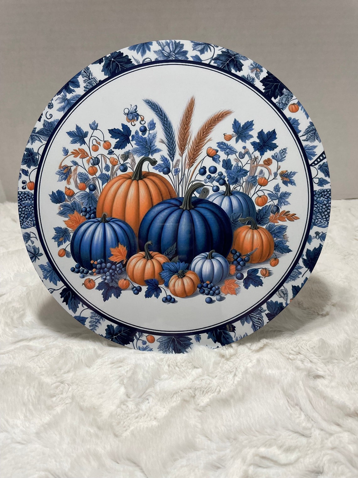 Blue and Orange Fall Sign, Circle Aluminum Sign, Fall Wreath Sign With ...