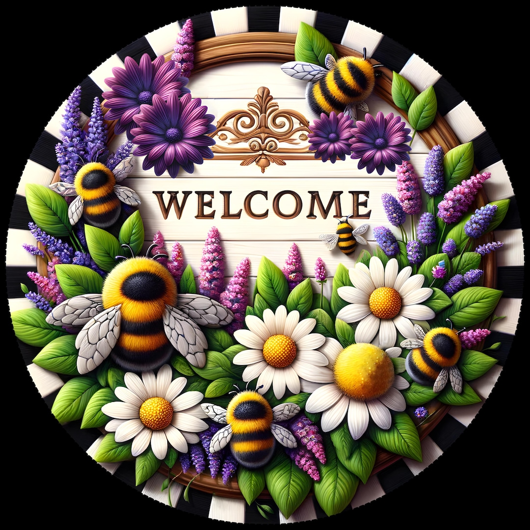 Welcome Sign With Bees and Flowers, Bumble Bee Wreath Sign, Spring Home ...