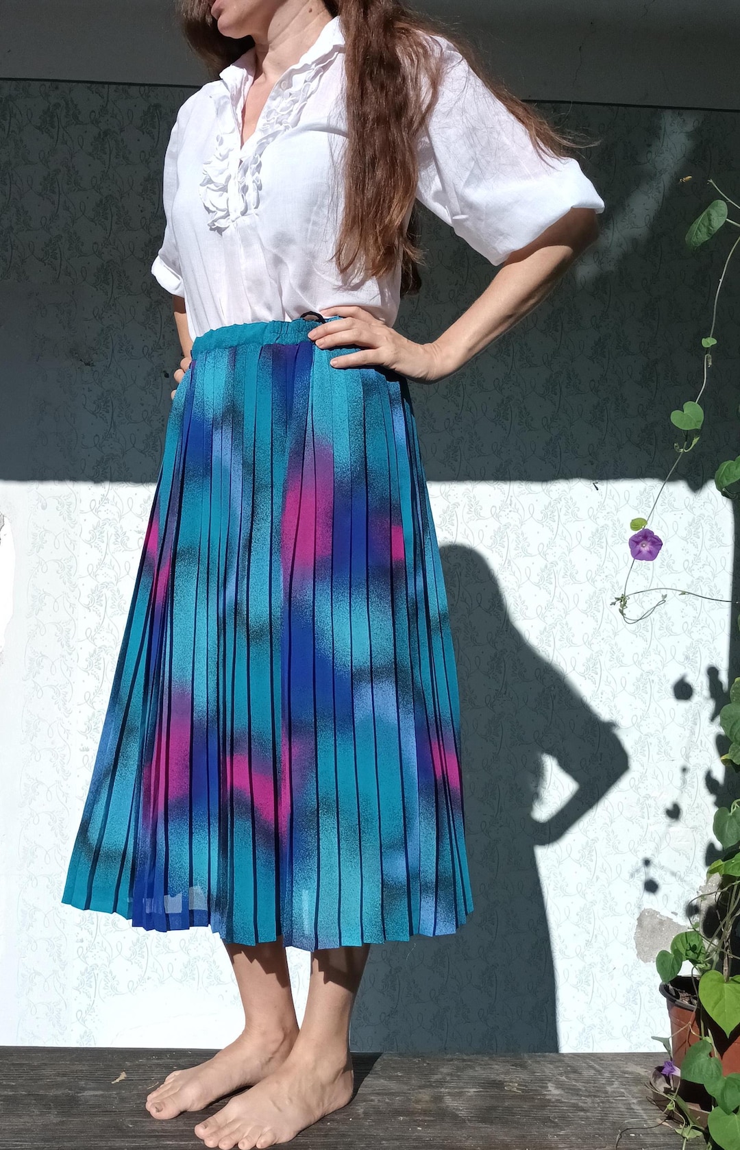 90s Psychedelic Falten Midi Rock: Funkelndes Regenbogen Muster - Etsy.de