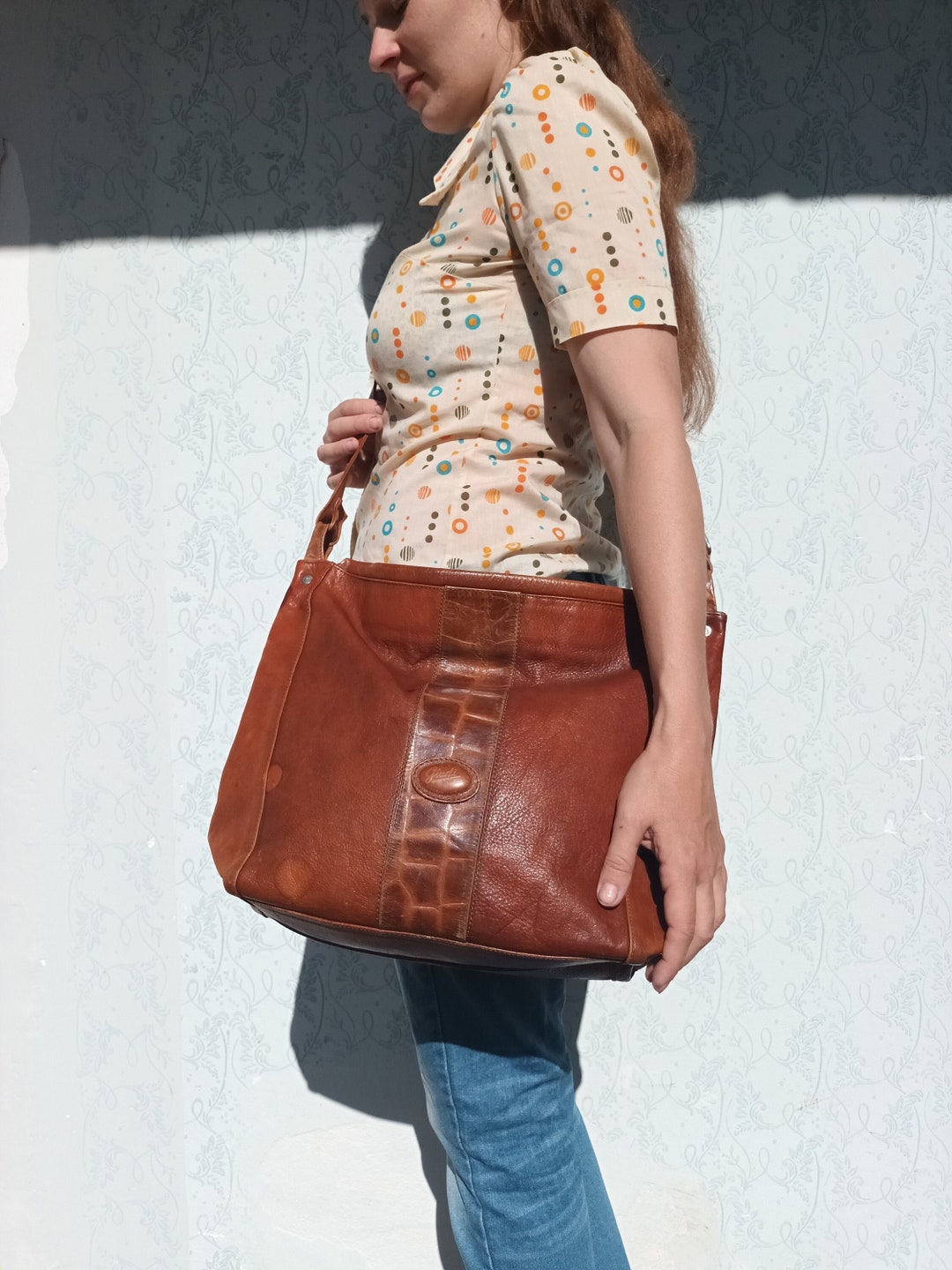 90s Oversized Italian Leather Shoulder Bag by Giudi Vintage Large Brown ...