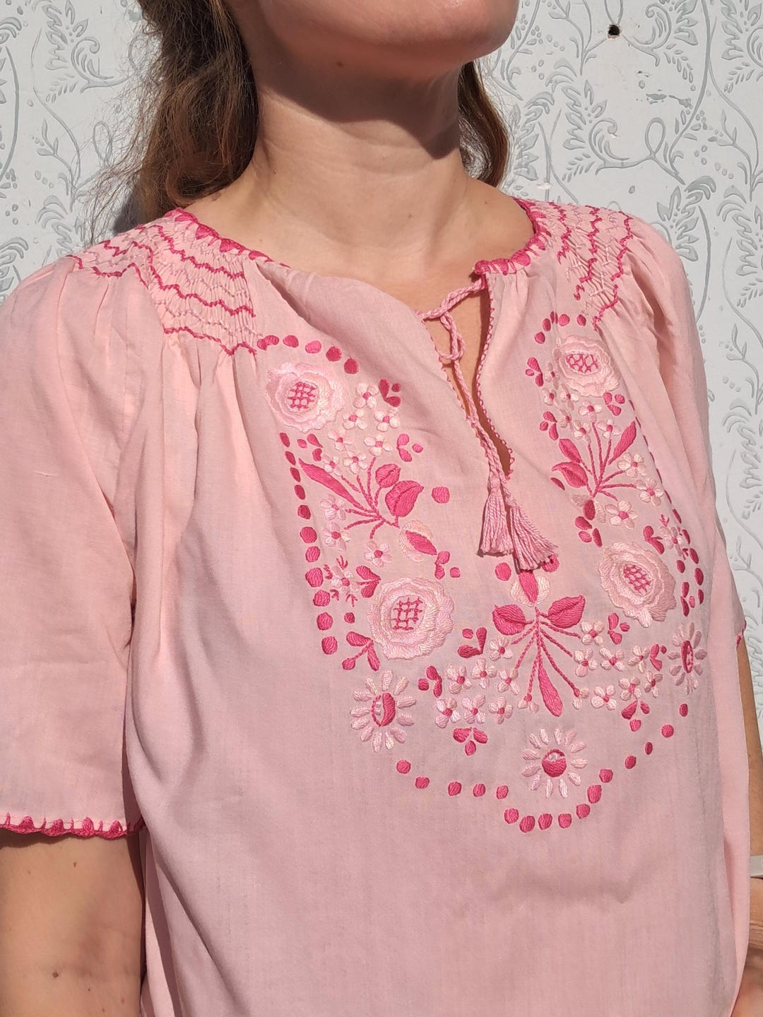 Pink Peasant Blouse Hand Embroidered Floral Folk Blouse Short Sleeves ...