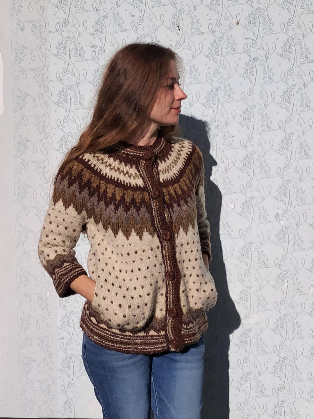 Nordic Cardigan Scandinavian Hand-knitted Brown Beige Wool Sweater Cozy ...