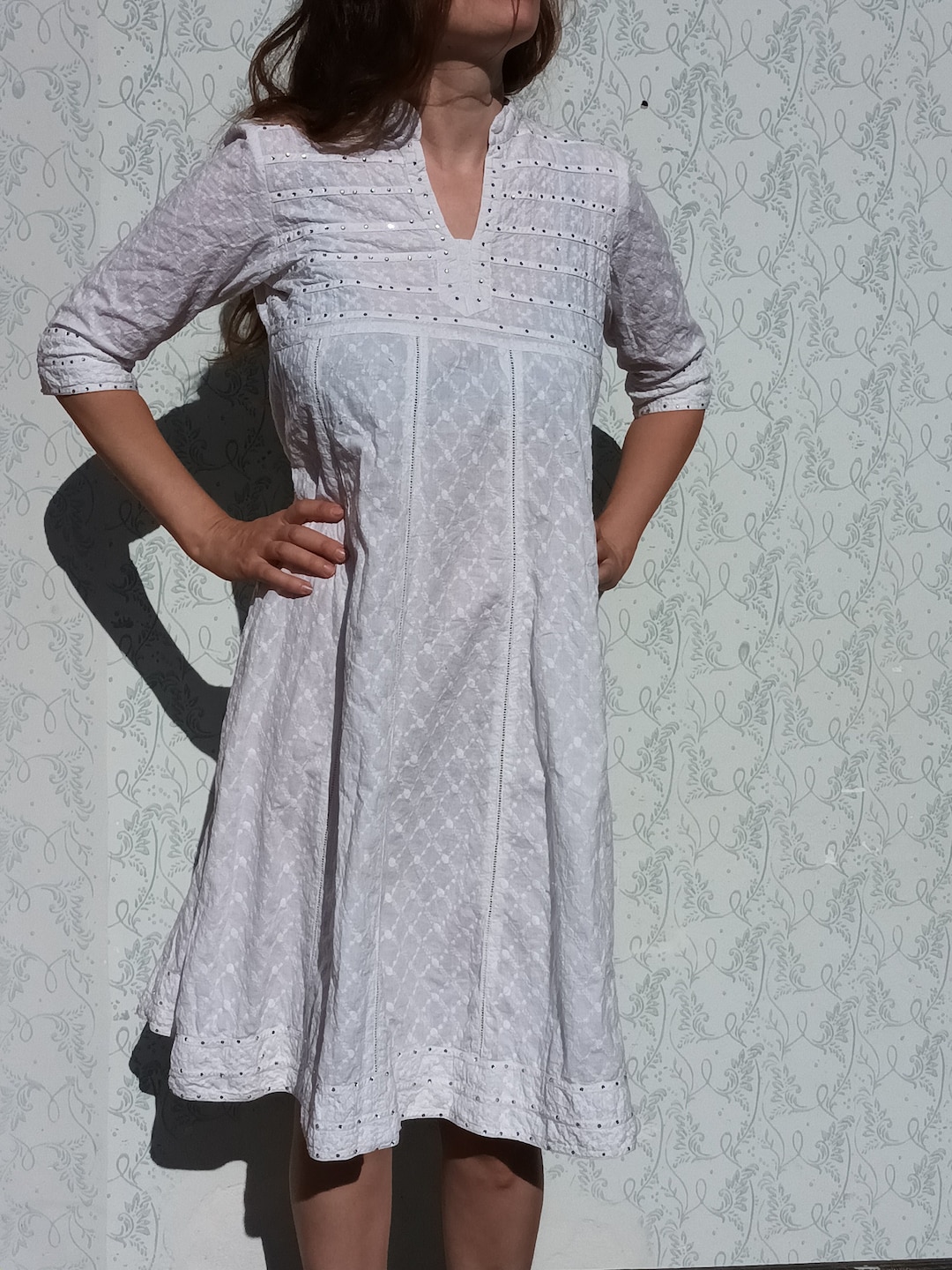 White Summer Cotton Tunic Dress for Women With Silver Beads - Etsy